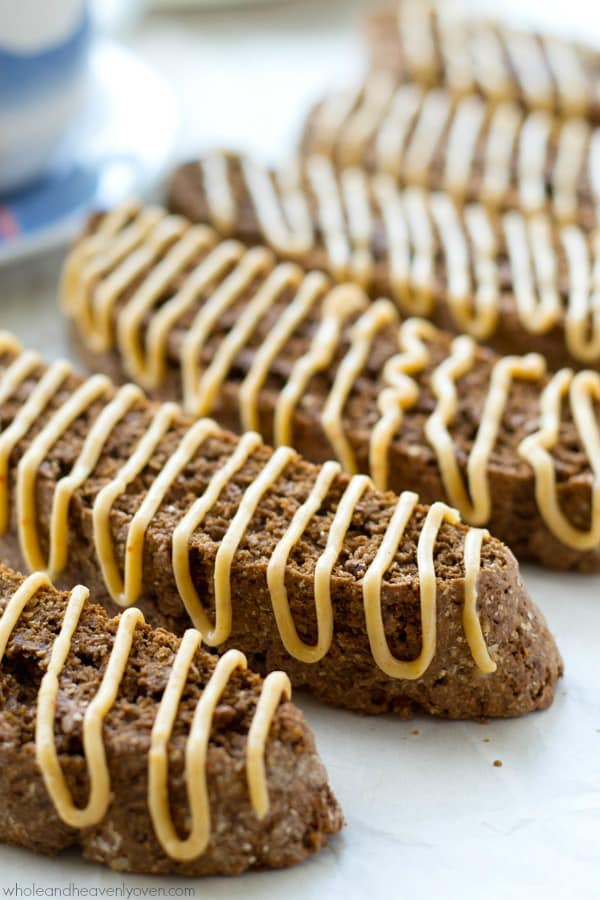 Chocolate Biscotti with Peanut Butter Cream Cheese Glaze